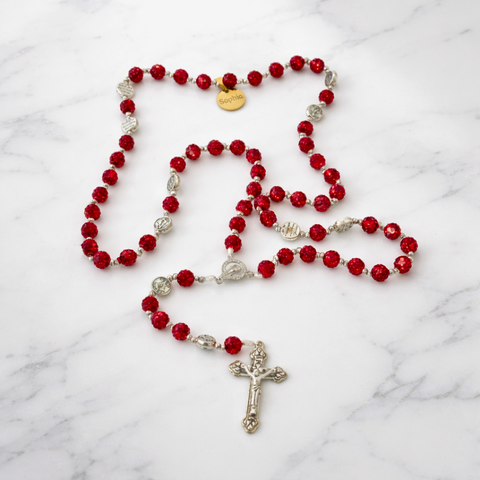 Personalized Red Rhinestone Catholic Rosary with Custom Name Engraving ...